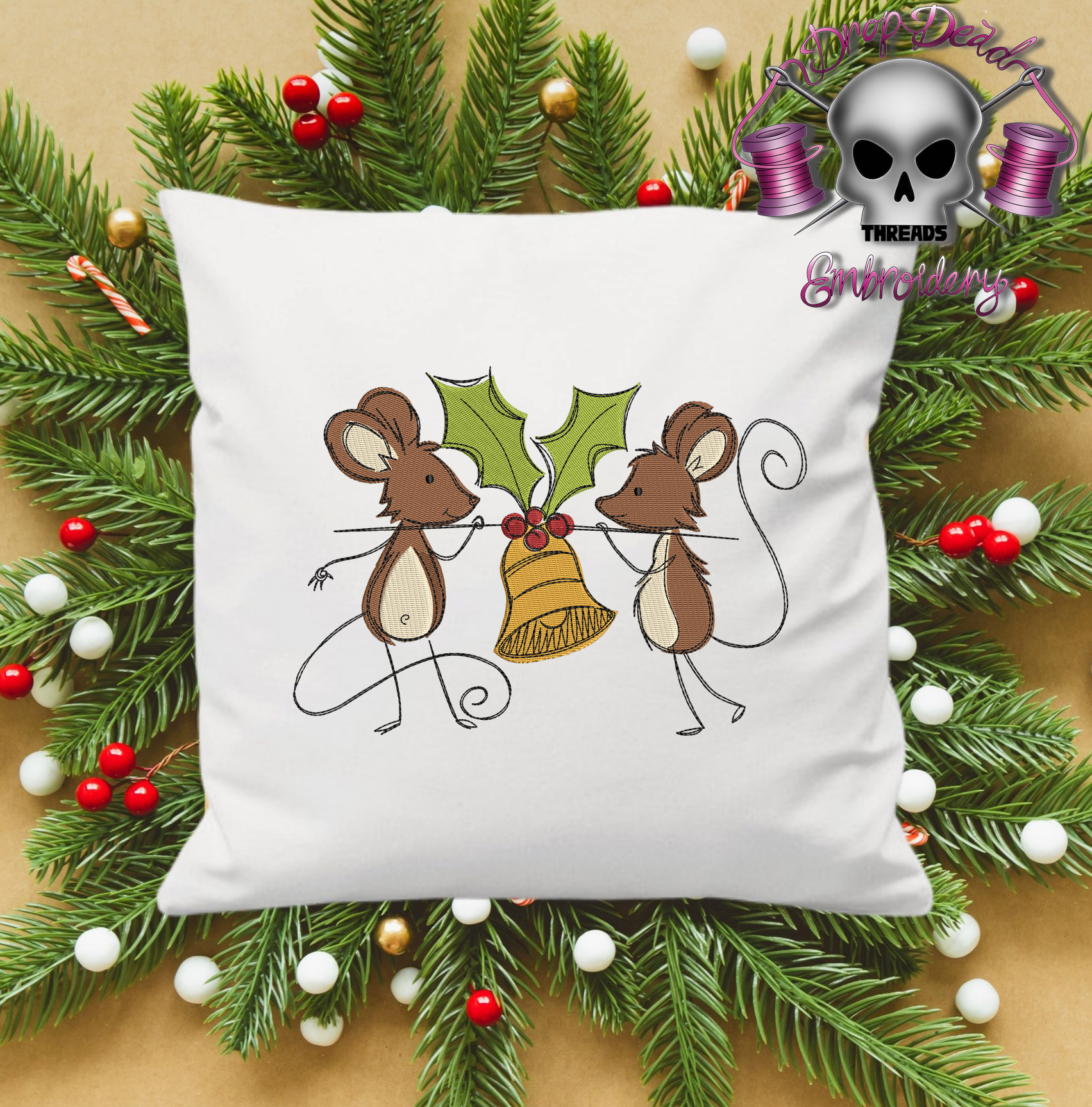 Sketchy christmas mice bell winter christmas machine embroidery design ...